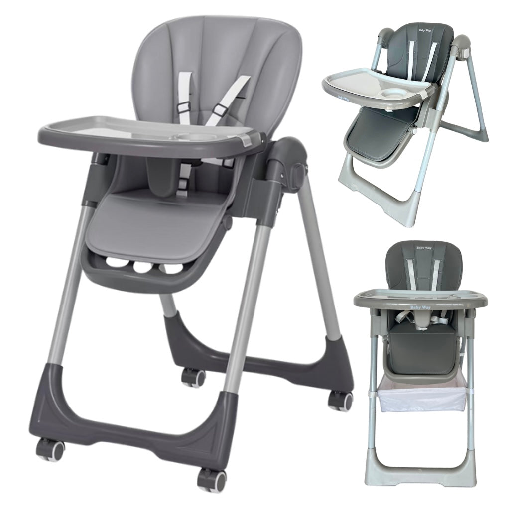 Elevate Folding High Chair w/ Wheels & Basket(Grey) – Baby Way NZ